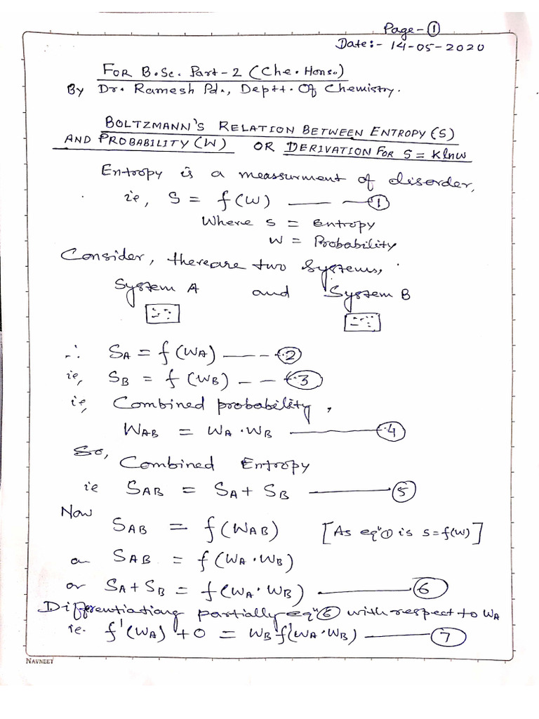 Boltzmann - S Relation Between Entropy and Probability | PDF