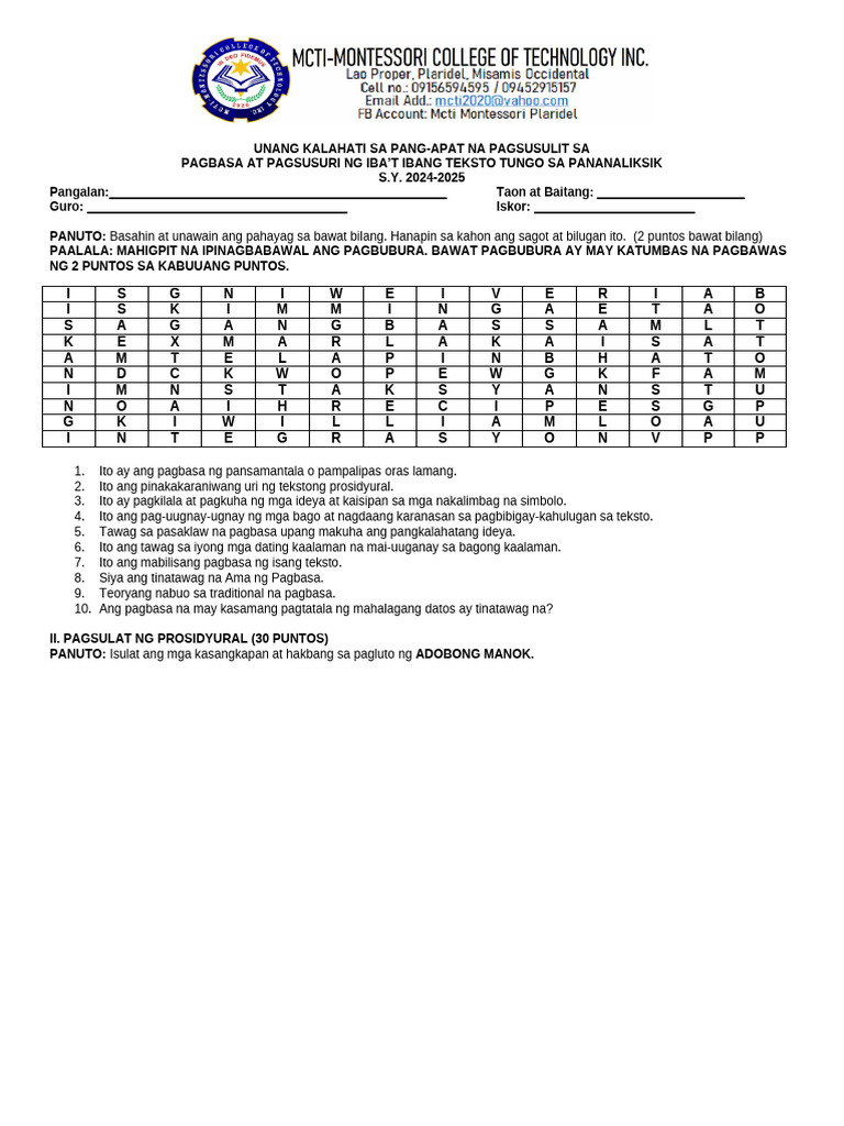 2nd Half 4TH Quarter Exam in PAGBASA | PDF