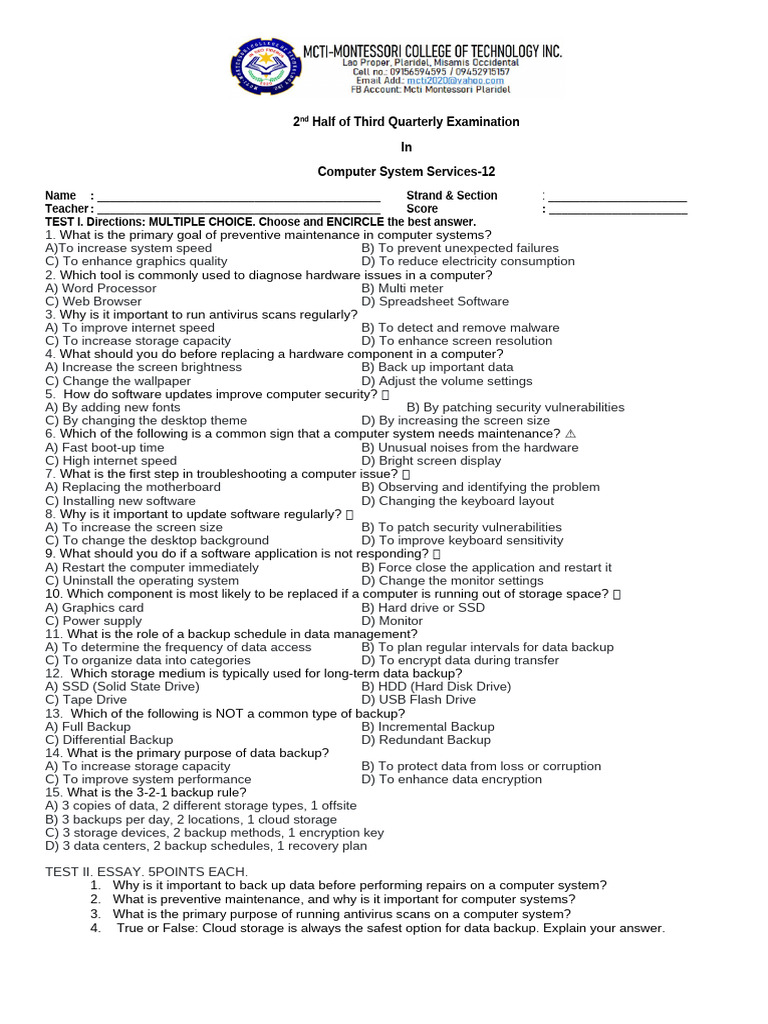 2nd Half of 3rd Q. Exam in CSS 12 | PDF | Backup | Computer Data Storage
