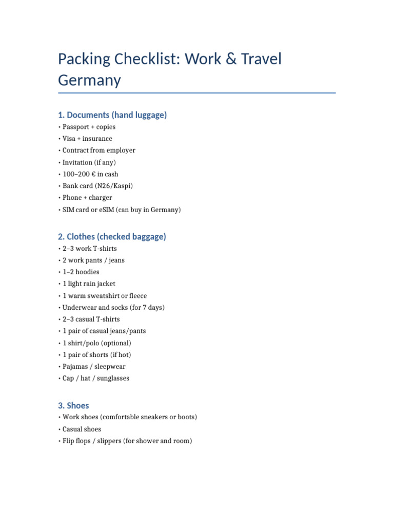 Packing Checklist Work Travel Germany Hamza | PDF