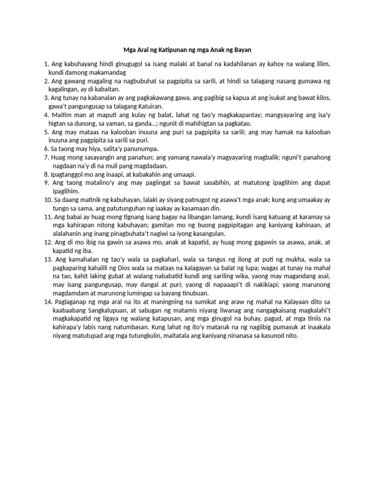 Mga Aral NG Katipunan NG Mga Anak NG Bayan | PDF