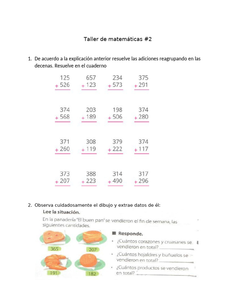 Taller de matemáticas: Adiciones y Dibujo | PDF