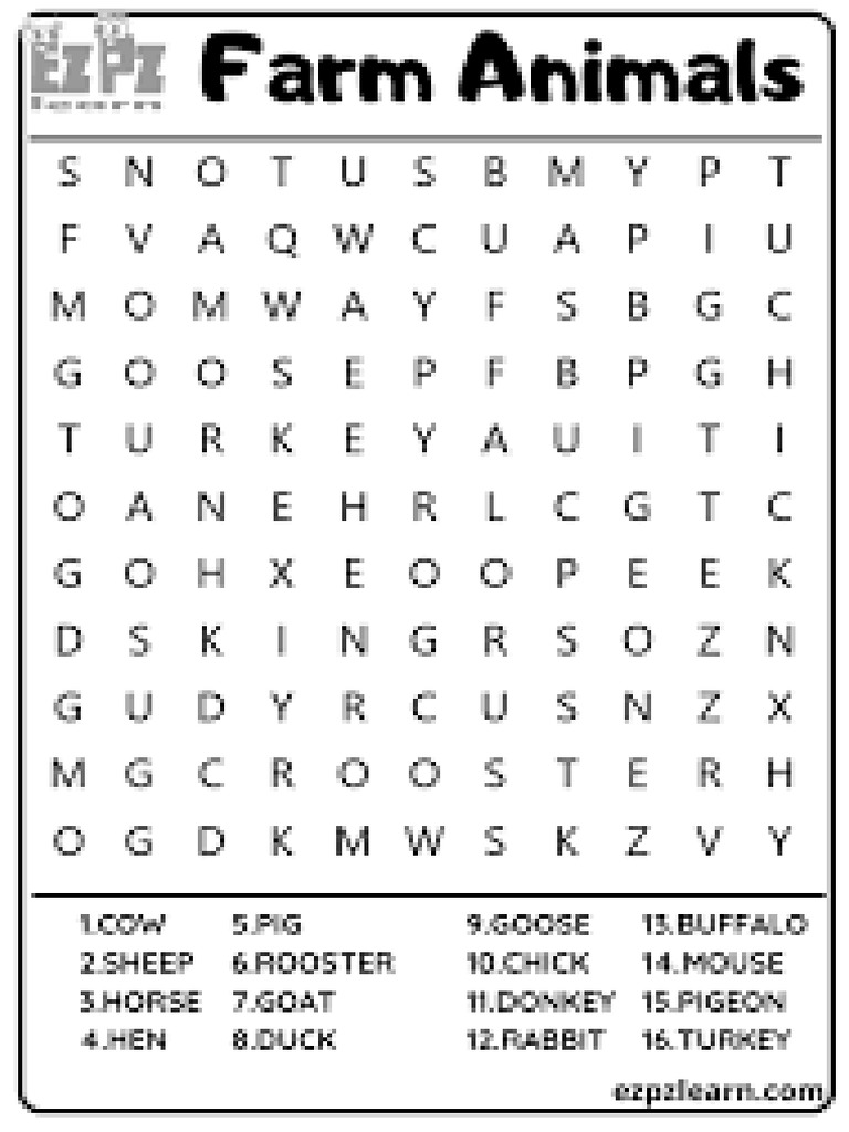 Interesting Farm Animal Word Search | PDF