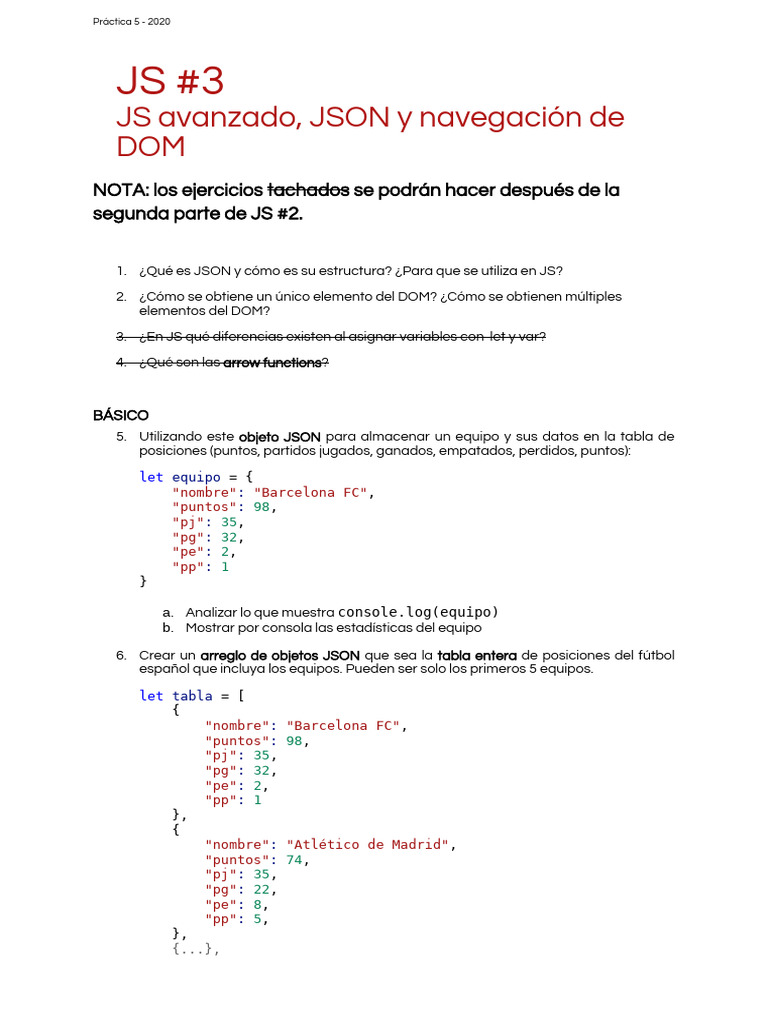 Practico 07 - JSON, JS Avanzado y DOM | PDF | Modelo de objeto de documento