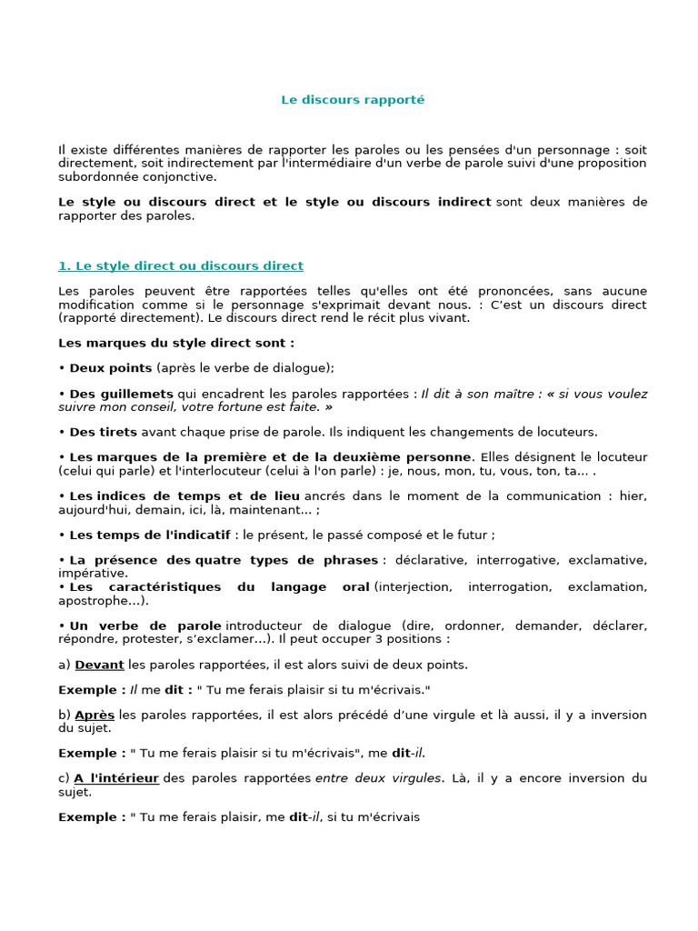 Types de discours rapporté | PDF | Temps (grammaire) | Discours ...
