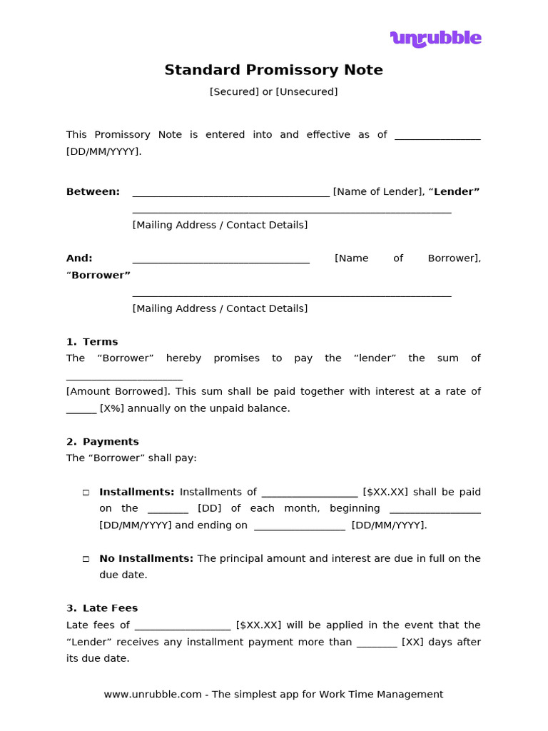 Standard Promissory Note Template | PDF