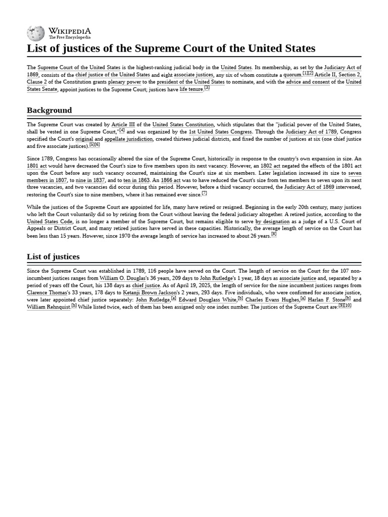 List of Justices of The Supreme Court of The United States LT1275X1 4 ...