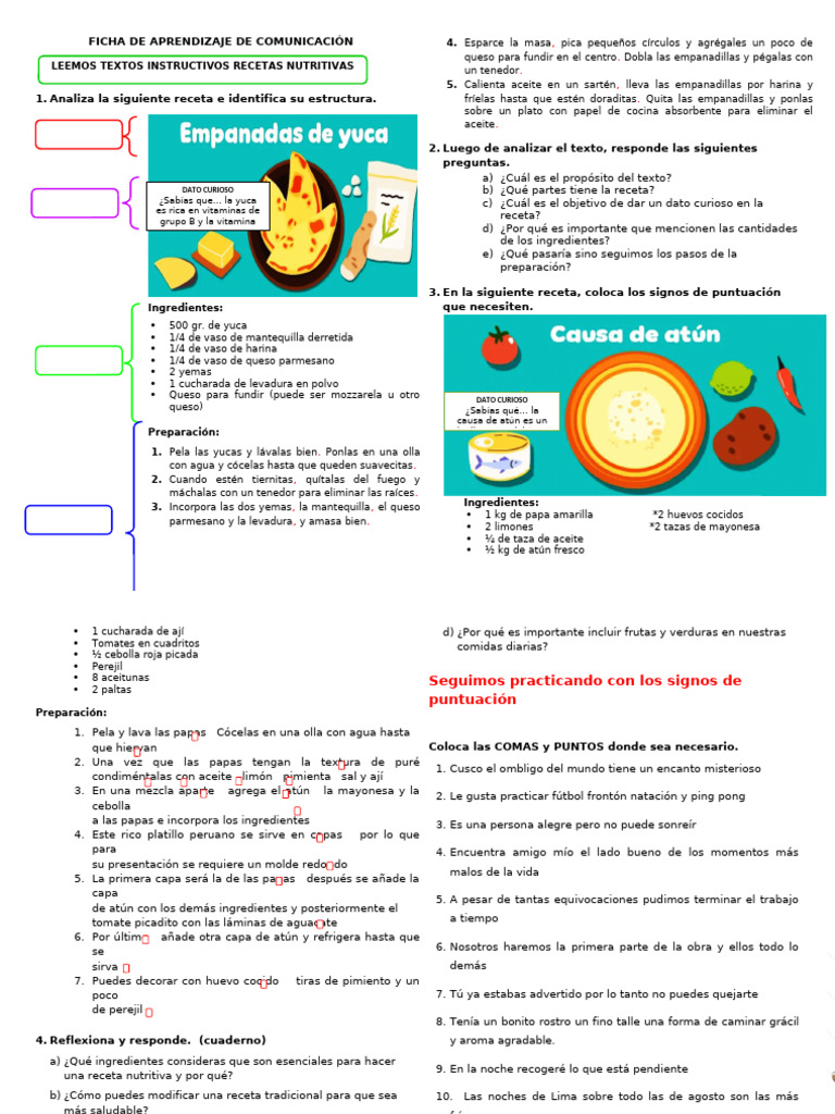 FICHA-LUN-COMUN-LEEMOS TEXTOS INSTRUCTIVOS RECETAS NUTRITIVAS | PDF ...