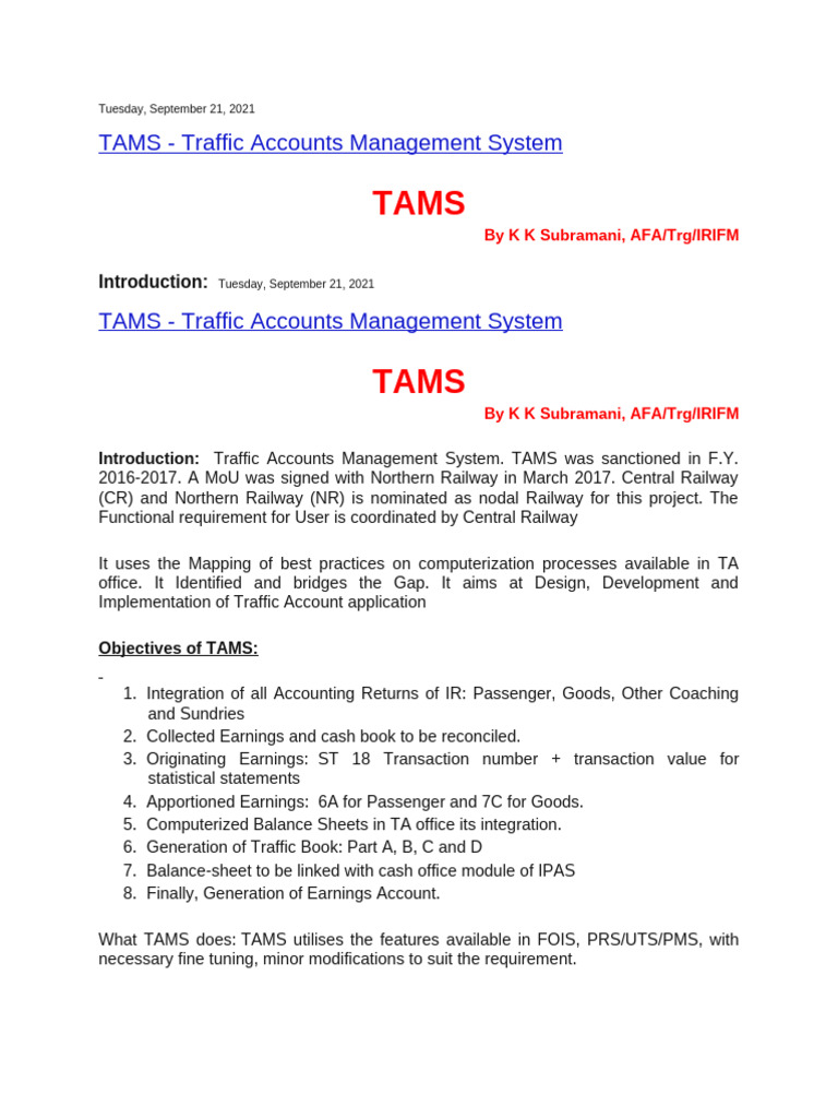 TAMS: Traffic Accounts Management System | PDF | Debits And Credits ...