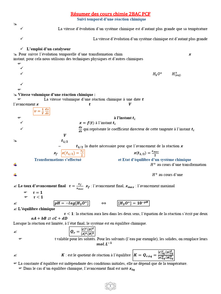 Résumer Des Cours Chimie 2BAC PCF | PDF | Cinétique chimique | Réaction ...