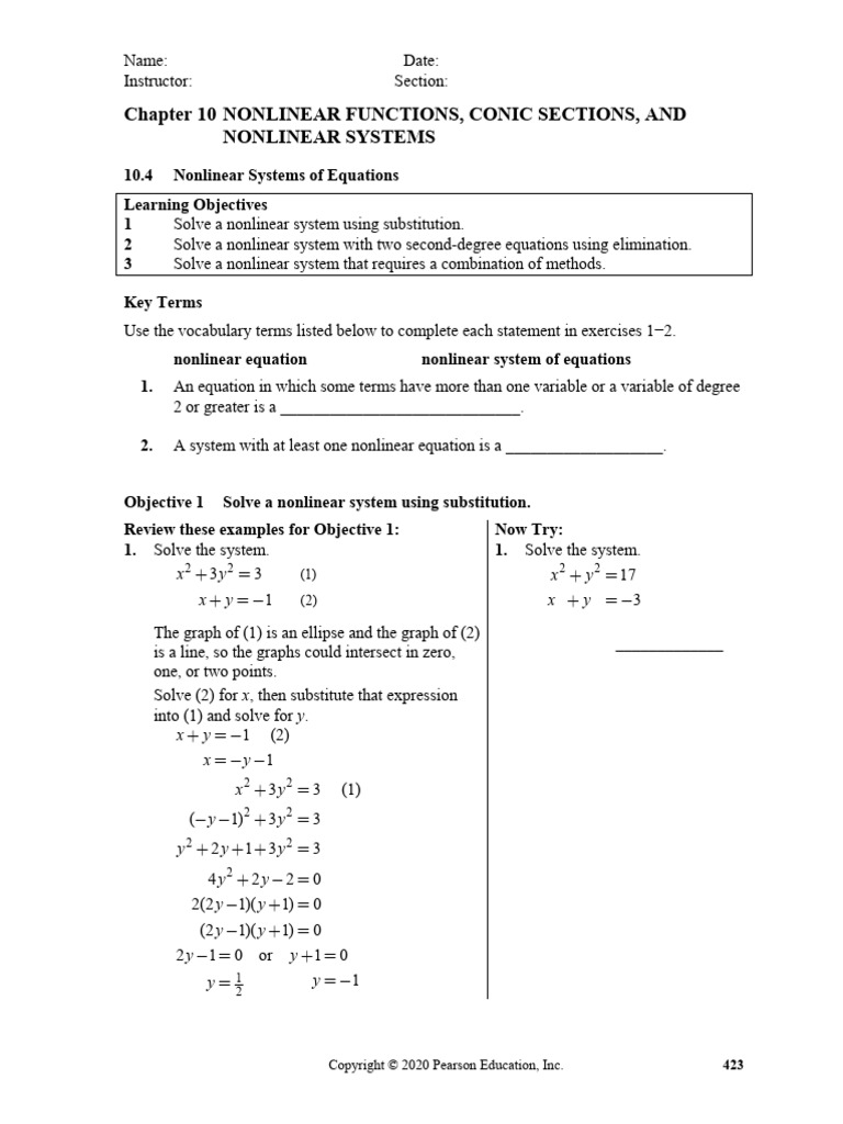 Math 60 Guided Notebook Section 10.4 | PDF | Equations | Nonlinear System