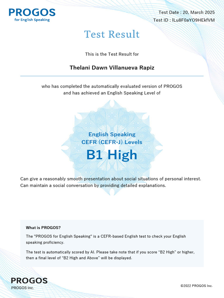PROGOS Test Result: B1 High Level | PDF