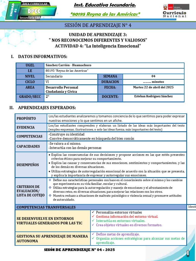Sesión de Aprendizaje | PDF | Las emociones | Aprendizaje