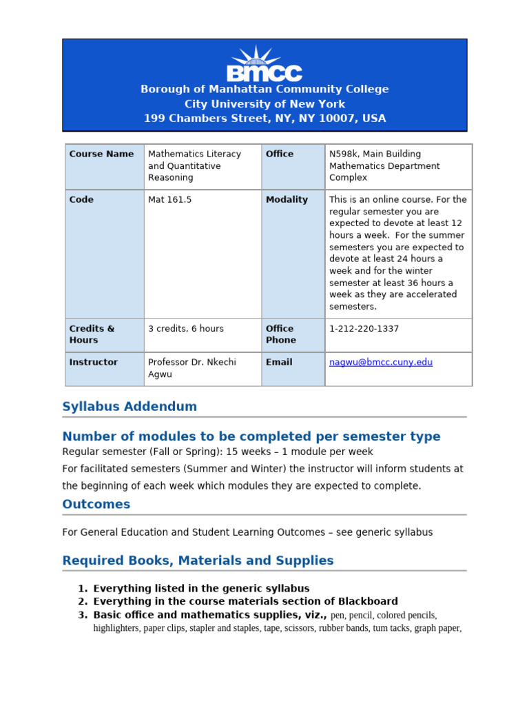 BMCC Math Literacy Course Syllabus | PDF | Academic Dishonesty ...