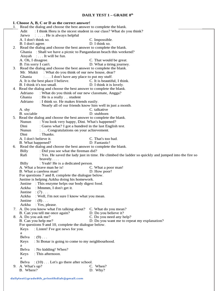 Daily Test 1 Attention, Understanding, Opinion Grade 7 | PDF