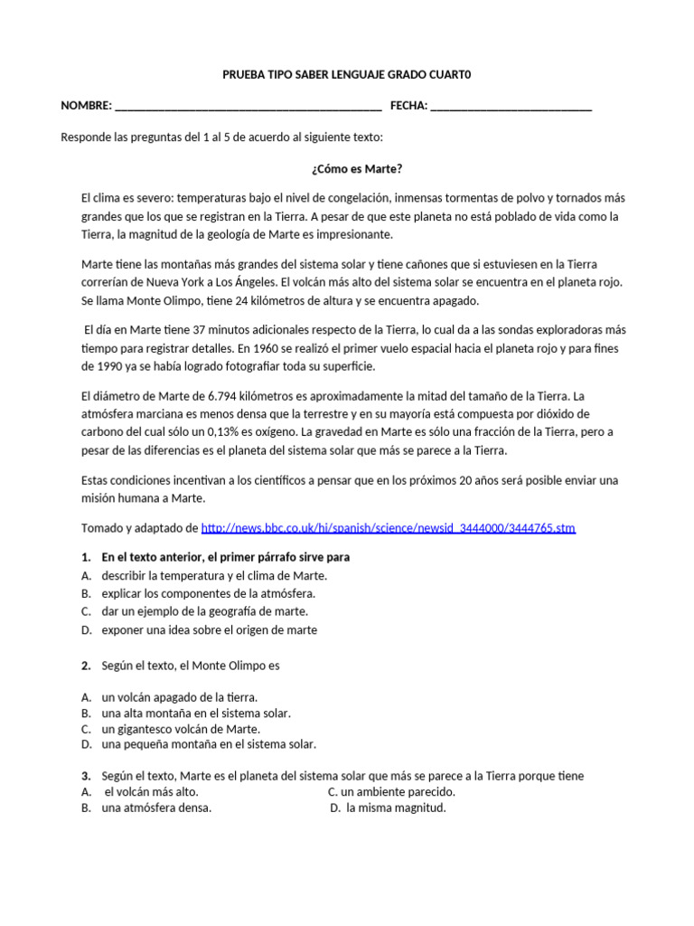 PRUEBA SABER 4° Como Es Marte | PDF | Marte | Tierra
