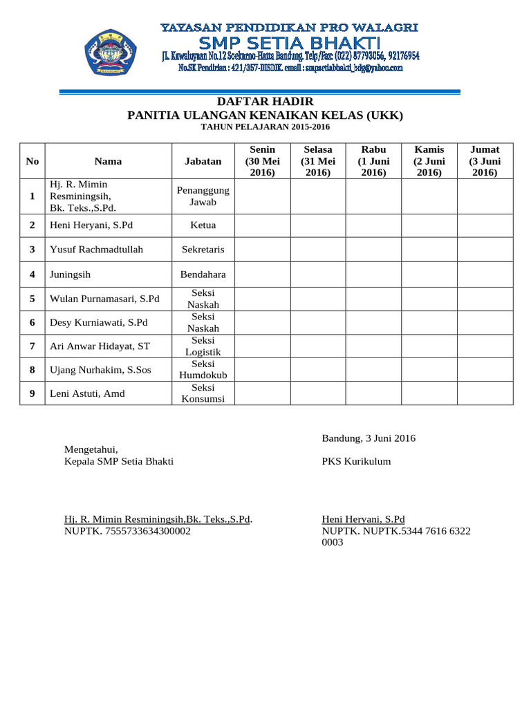 Daftar Hadir Panitia Ukk | PDF
