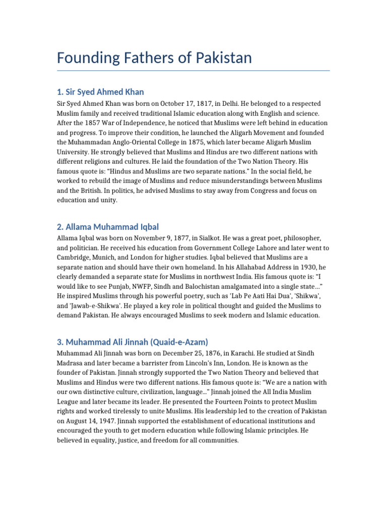 Founding Fathers of Pakistan Assignment | PDF | Muhammad Ali Jinnah ...