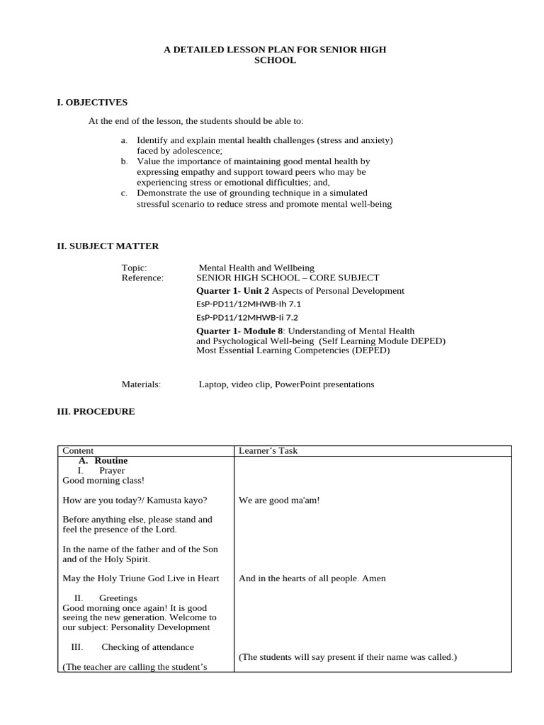 A DETAILED LESSON PLAN FOR SENIOR HIGH SCHOOL | PDF | Mental Health ...