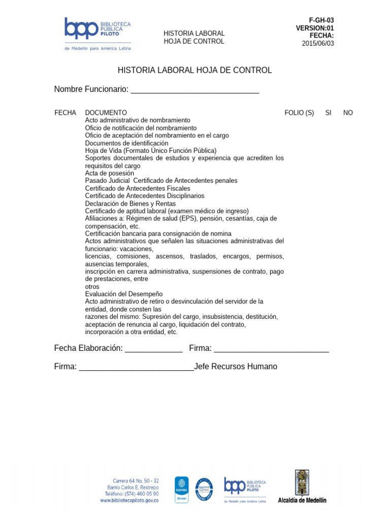 Formato Historia Laboral Hoja de Control v2 FGH 03 | PDF