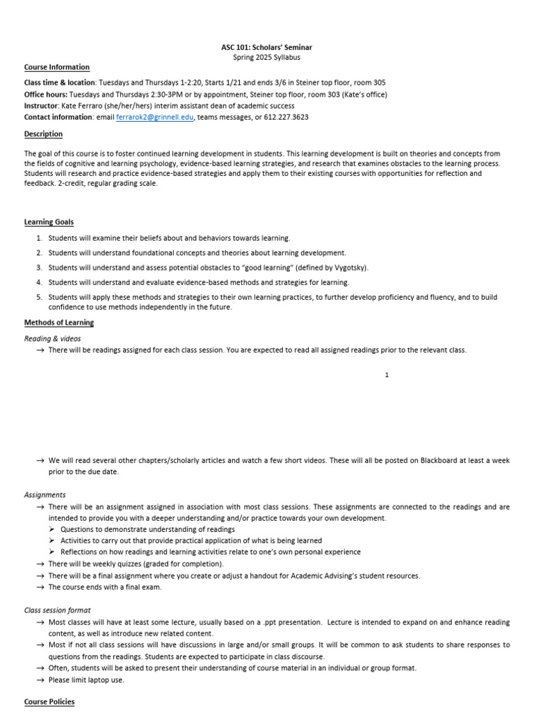 ASC 101 Spring 2025 Syllabus | PDF | Learning | Metacognition