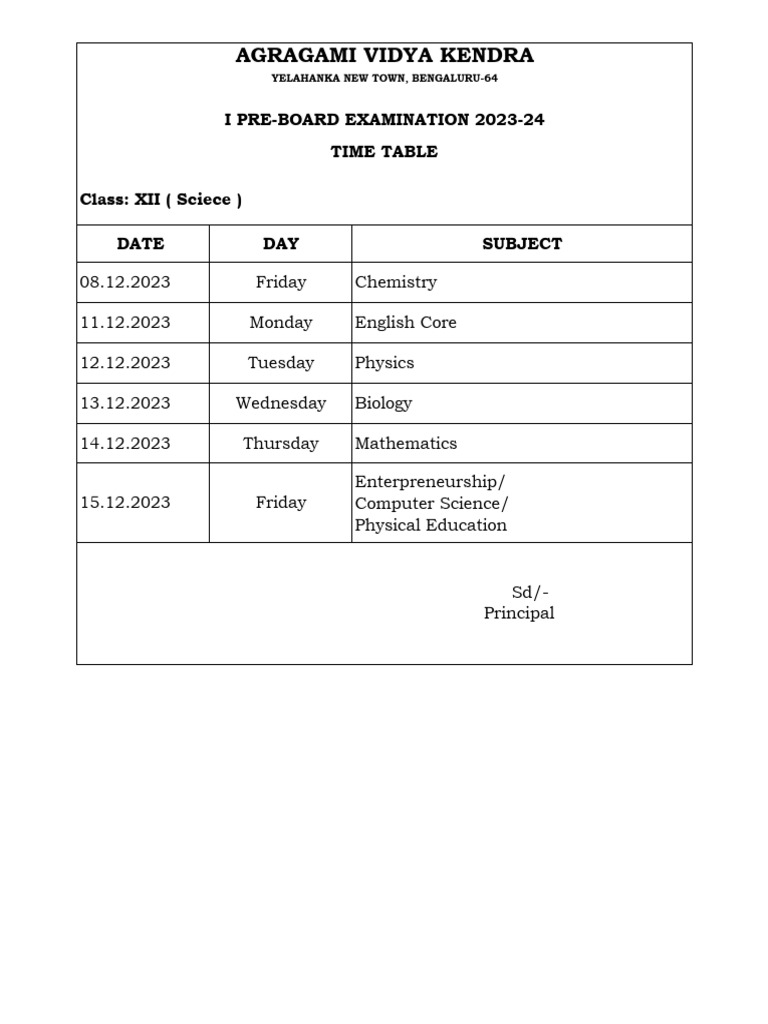 I Pre Board Time Table Class 12 Science | PDF