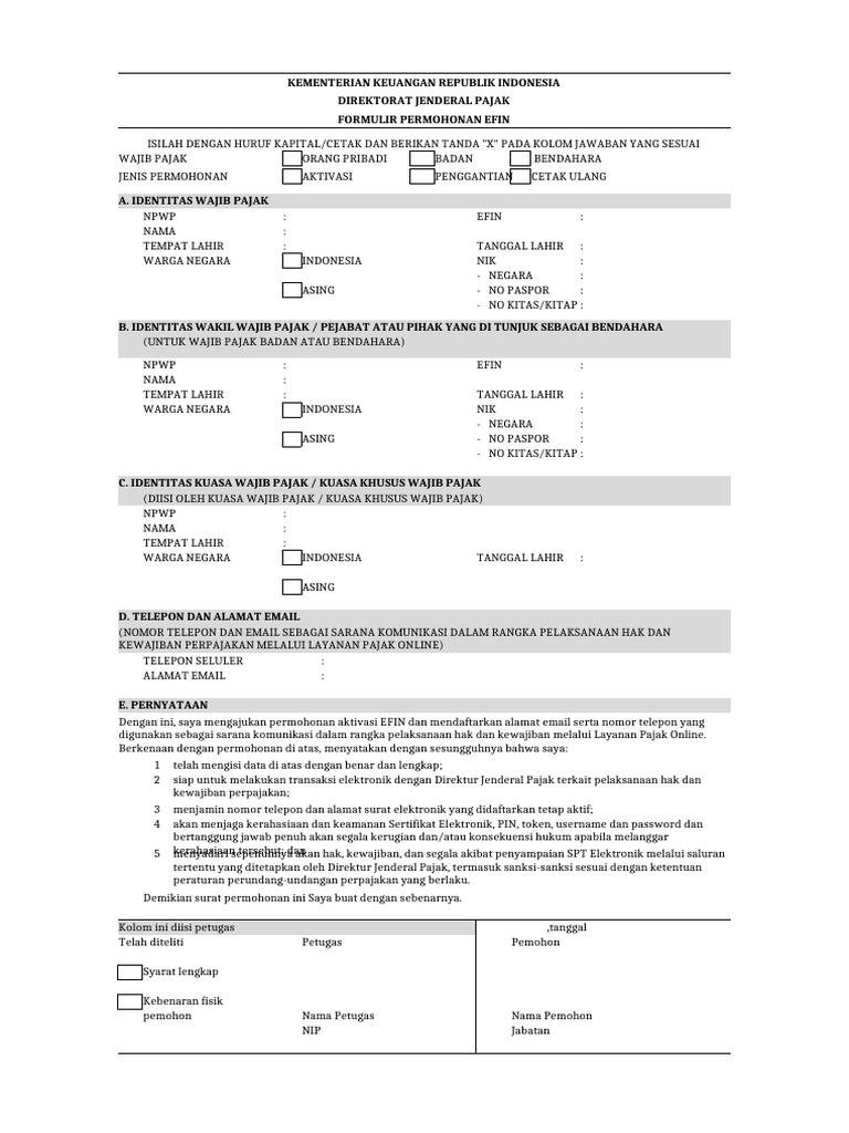 Permohonan Aktivasi EFIN Pajak Indonesia | PDF