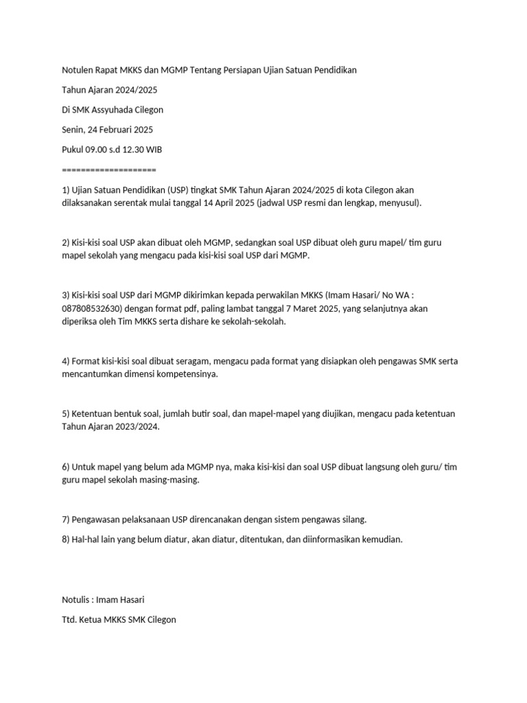 Notulen Rapat MKKS Dan MGMP Tentang Persiapan Ujian Satuan Pendidikan | PDF