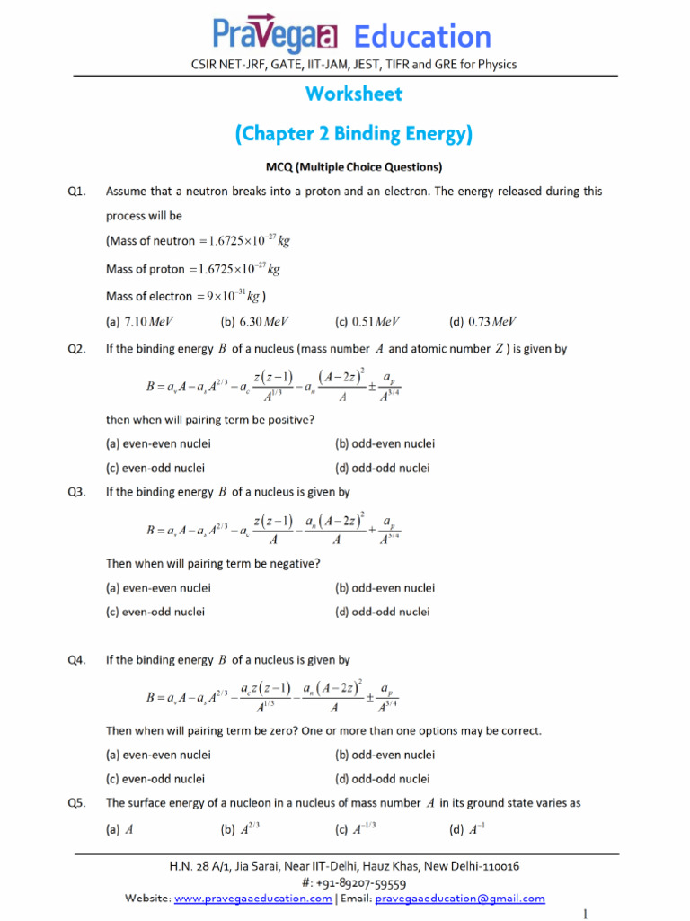 Chapter 2 Worksheet Binding Energy | PDF