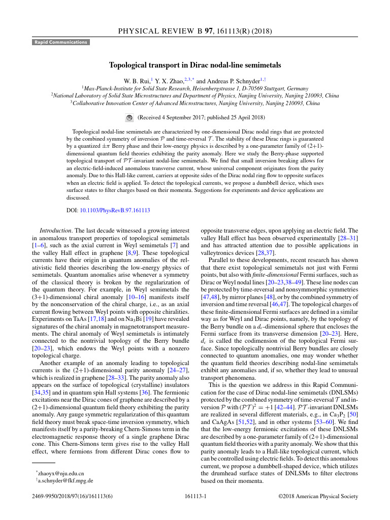 Topological Transport in Dirac Nodal-Line Semimetals | PDF | Physics | Theoretical Physics