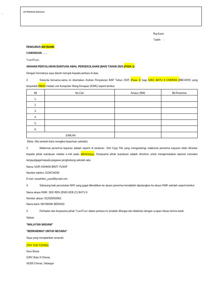 TEMPLATE SURAT ARAHAN PENYALURAN BAP- MAYBANK | PDF