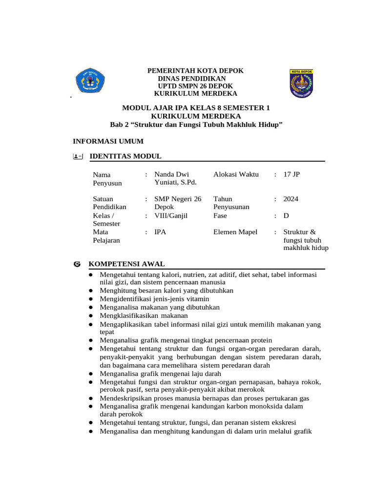 Modul Ajar Struktur Dan Fungsi Tubuh Makhluk Hidup | PDF