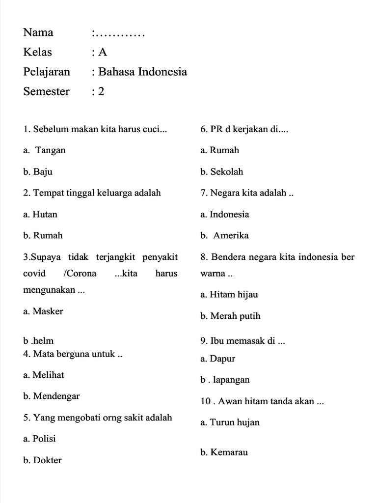 PDF Soal Paud Bahasa Indonesia A - Compress | PDF