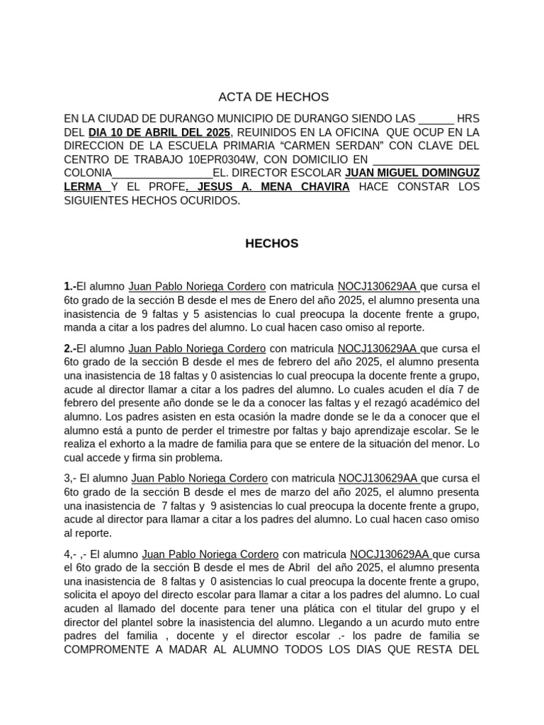 Acta de Hechos Ejemplo | PDF