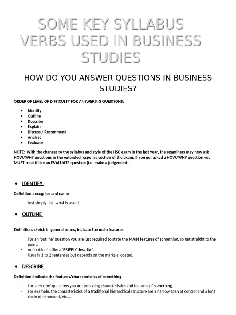 KEY SYLLABUS VERBS in Business Studies | PDF | Interest | Interest Rates
