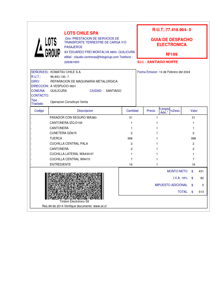 Guía de Despacho Electrónica LOTS CHILE SPA | PDF
