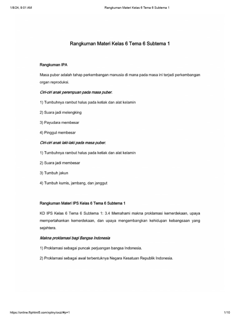 Rangkuman Materi Kelas 6 Tema 6 Subtema 1 | PDF