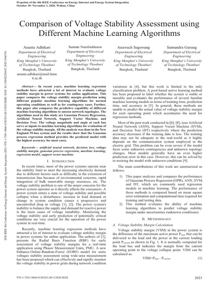 Comparison of Voltage Stability Assessment Using Different Machine Learning Algorithms | PDF ...