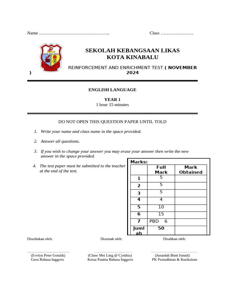 Year 1 English Test November 2024 | PDF