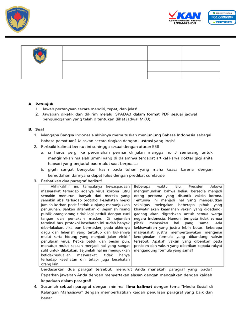 Soal Mku Bahasa Indonesia Gasal 2024 2025 | PDF