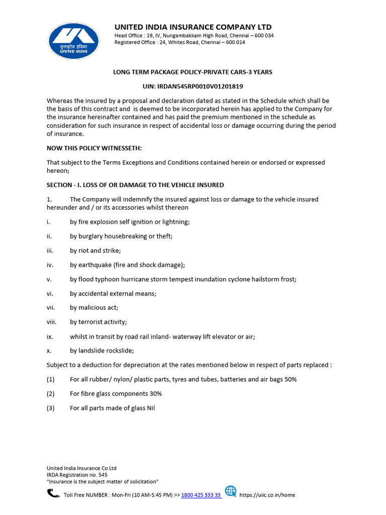Long Term Package Policy-Private Cars-3 Years - 0 | PDF | Indemnity ...