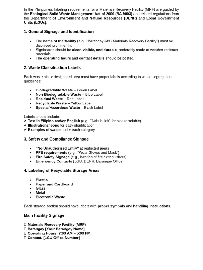 MRF Waste Segregation Labeling Guide | PDF | Waste | Environmental Issues
