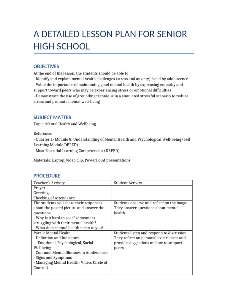 Personal Development Lesson Plan Mental Health With Student Activity ...