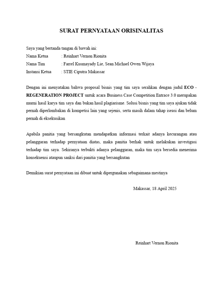 Surat Pernyataan Orisinalitas | PDF