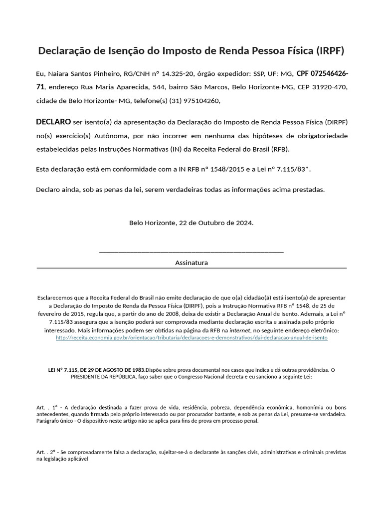 Declaracao de Isento Do Imposto de Renda Pessoa Fisica | PDF | Imposto ...
