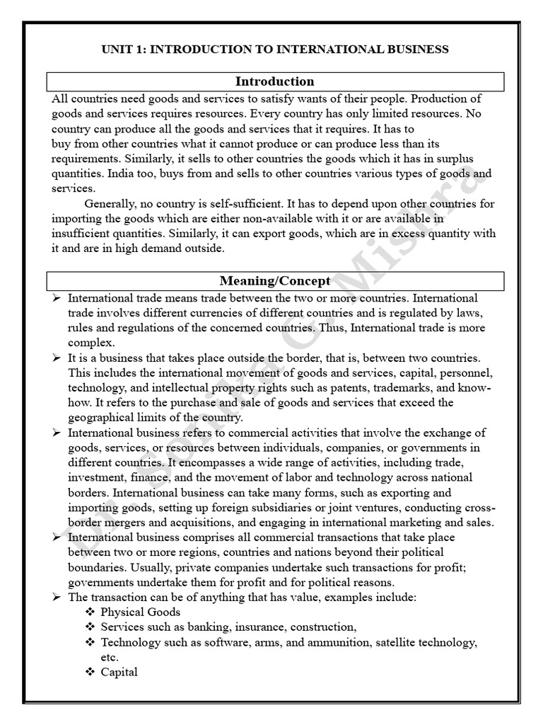 IB - Unit 1 - Introduction of International Business | PDF | Investing | Foreign Direct Investment