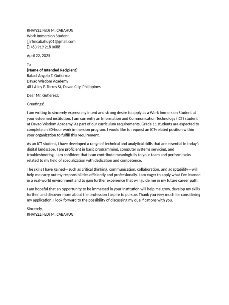 Job Letter, Work Immersion | PDF