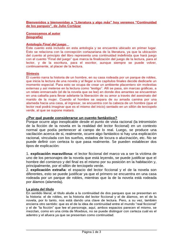 Análisis de "Continuidad de los parques" | PDF | Cuentos | Novelas