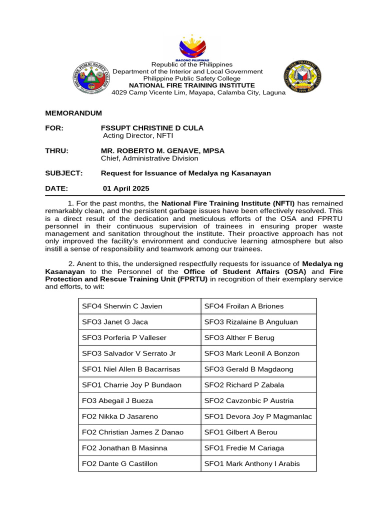 MEMO REQUEST FOR MEDALYA For OSA Staff | PDF
