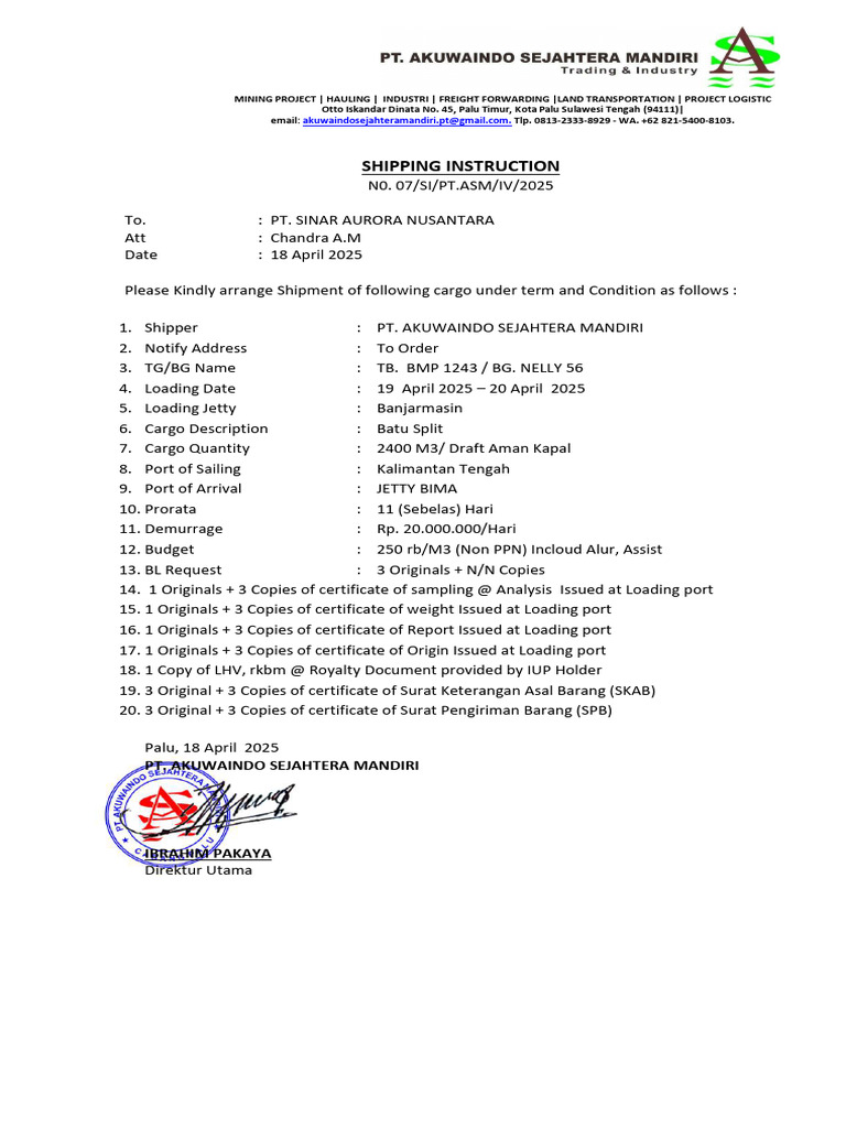 Shipping Instruction Asm 18-04-20251 | PDF
